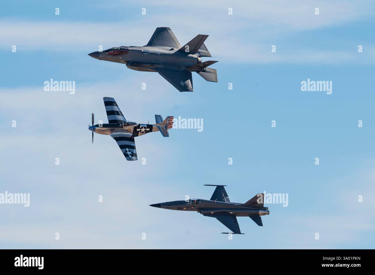 A U.S. Air Force F-22 Raptor aircraft, Northrop F-5 and a P-51 Mustang ...