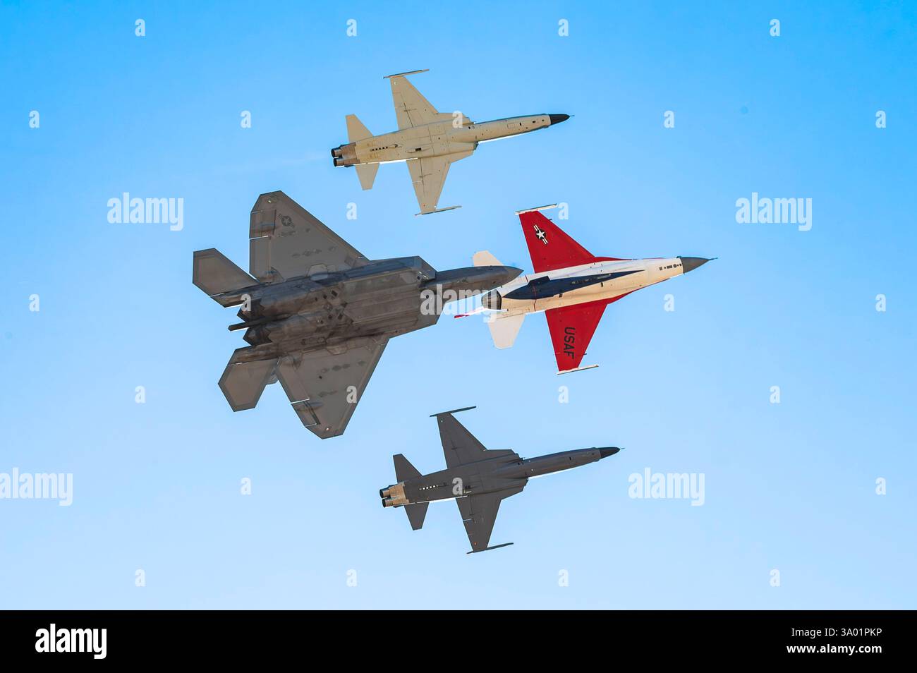 A U.S. Air Force F-22 Raptor aircraft, F-5 Northrop aircraft and F-16 ...