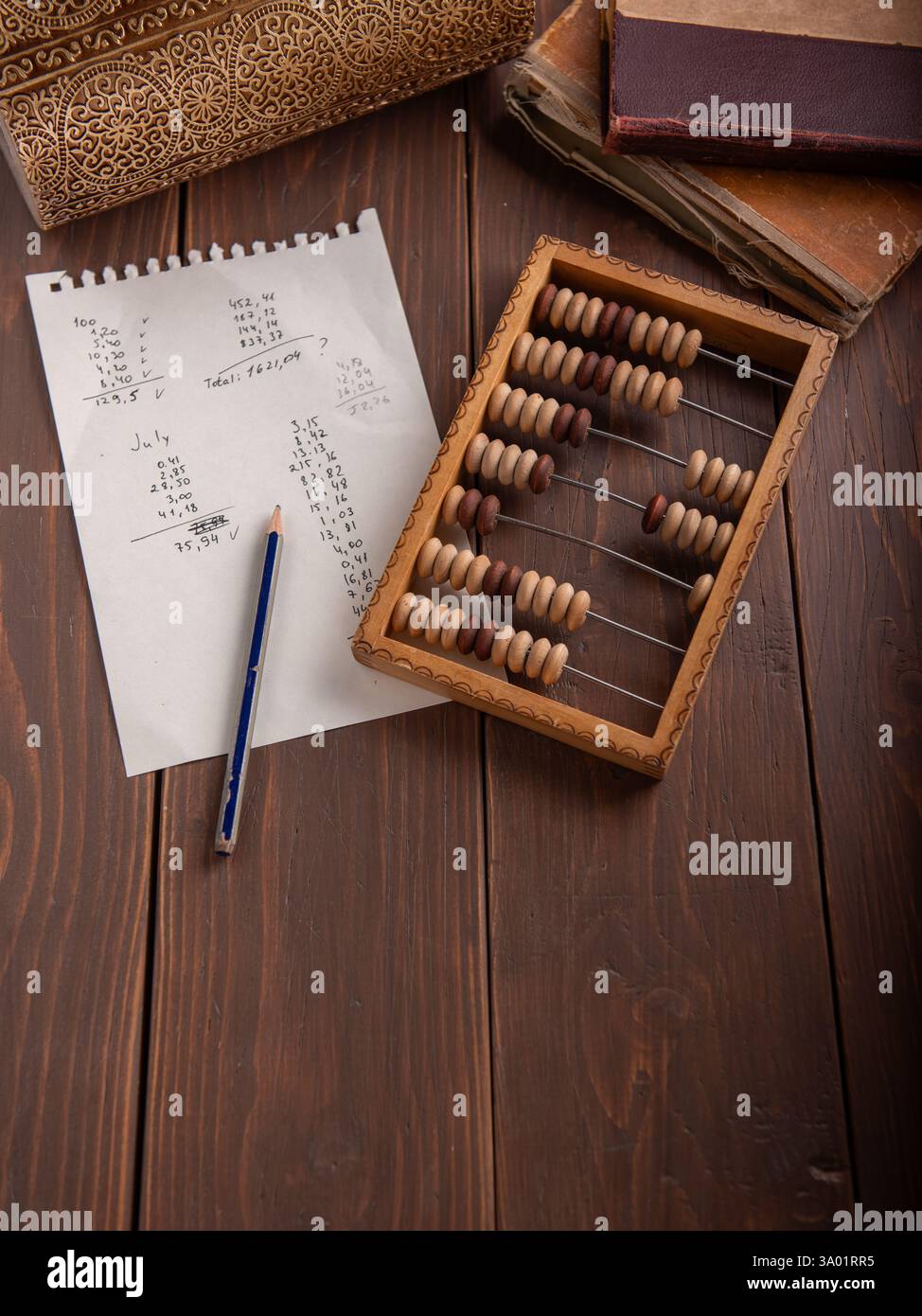 wooden small trading accounts on the desktop background Stock Photo - Alamy