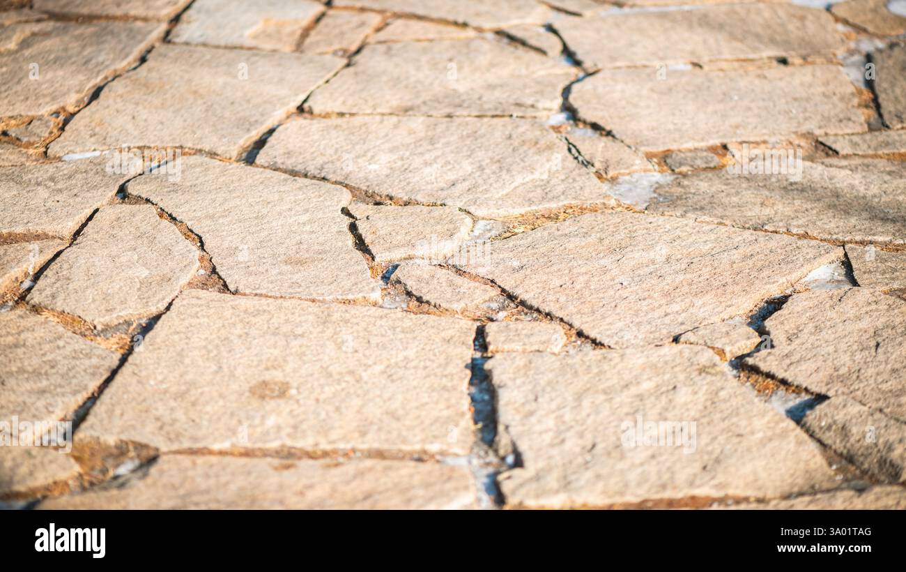 Sunlight illuminates an irregular stone paving, creating a rustic and ...