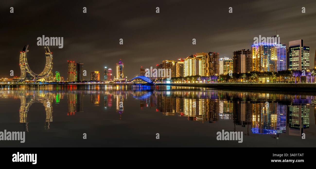 Stunning night view of Lusail skyline with Crescent tower Lusail Marina ...