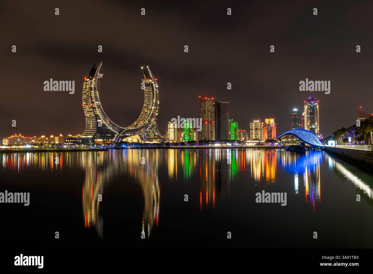 Stunning night view of Lusail skyline with Crescent tower Lusail Marina ...