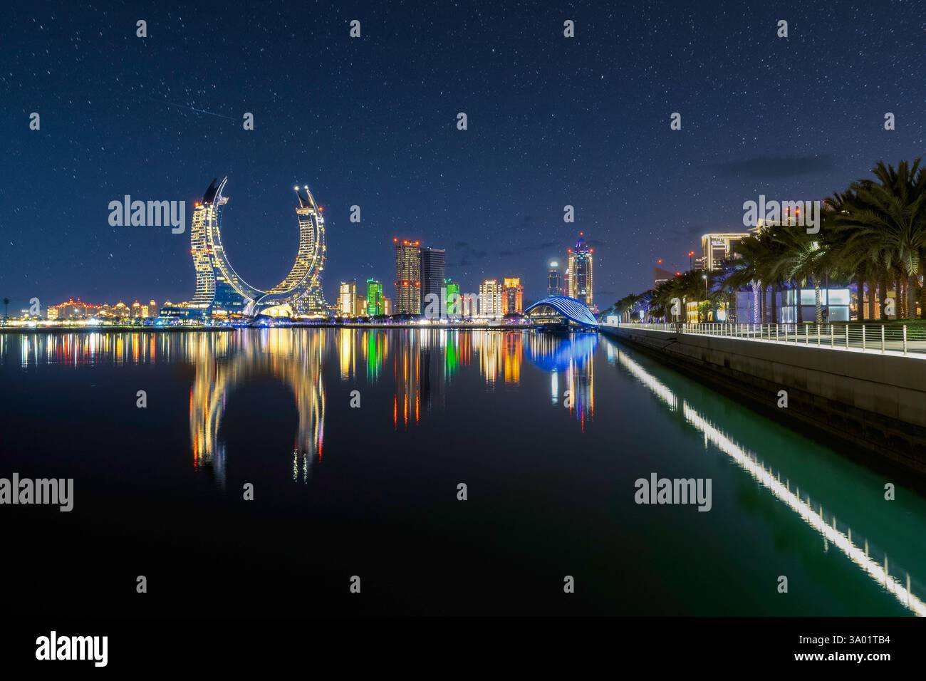 Stunning night view of Lusail skyline with Crescent tower Lusail Marina ...