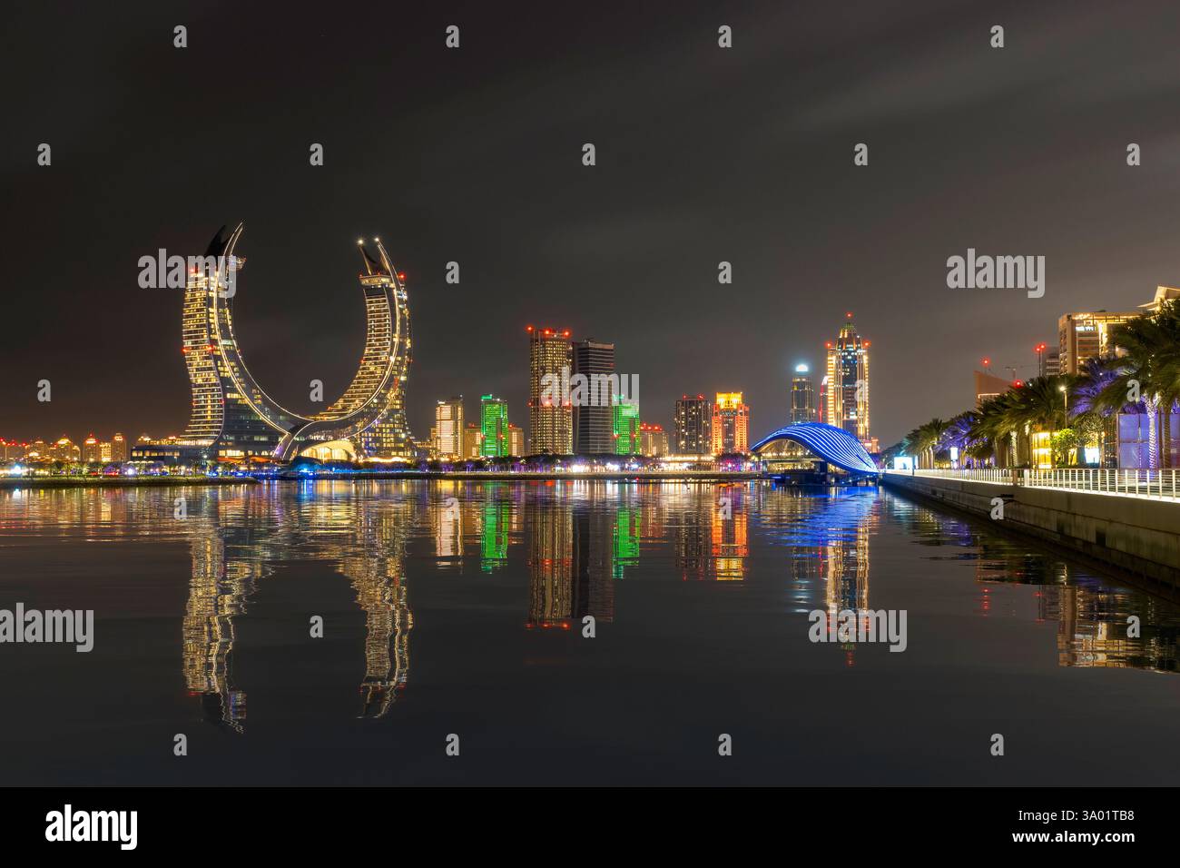 Stunning night view of Lusail skyline with Crescent tower Lusail Marina ...