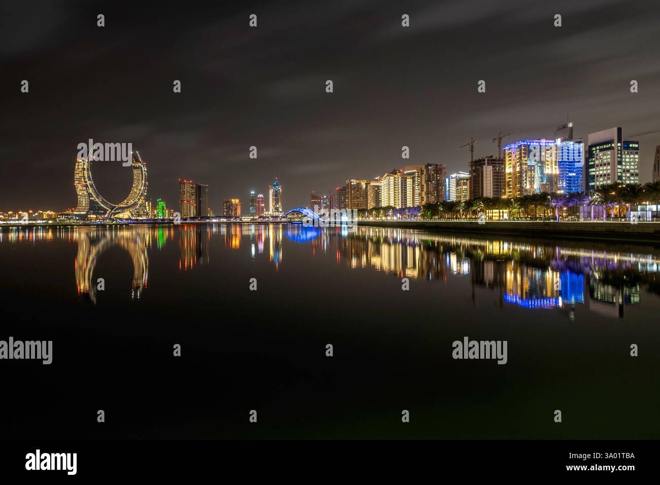 Stunning night view of Lusail skyline with Crescent tower Lusail Marina ...