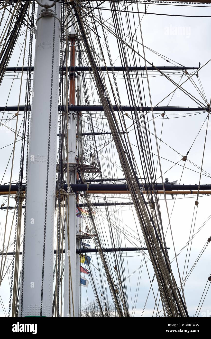 Mast of a sailing ship with sails down in dock Stock Photo - Alamy