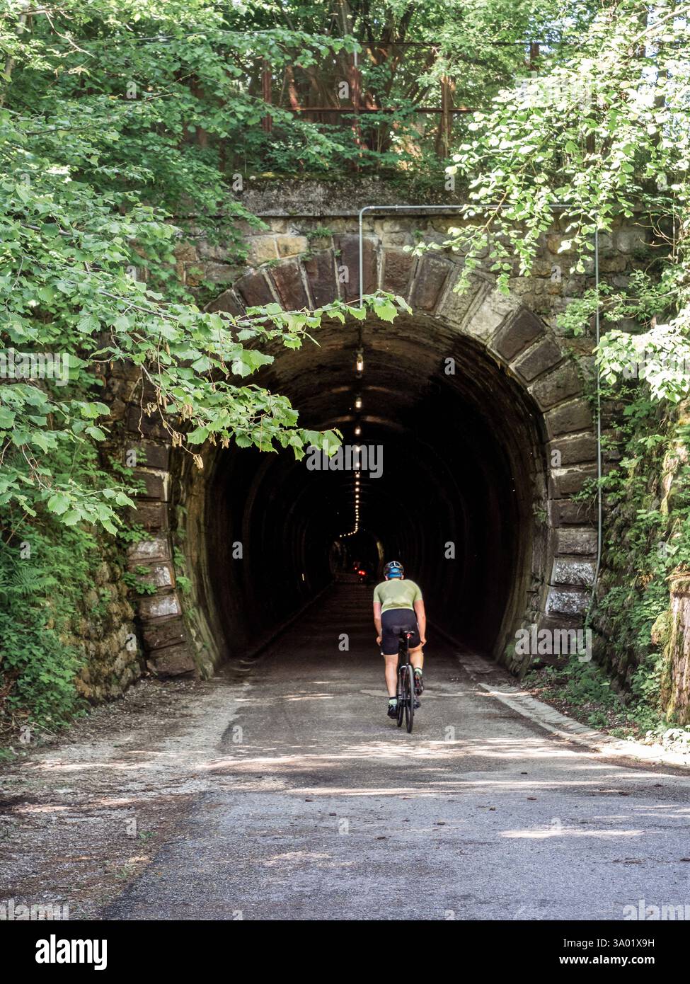 A cyclist rides into a historic railway tunnel on the Alpe Adria bike ...