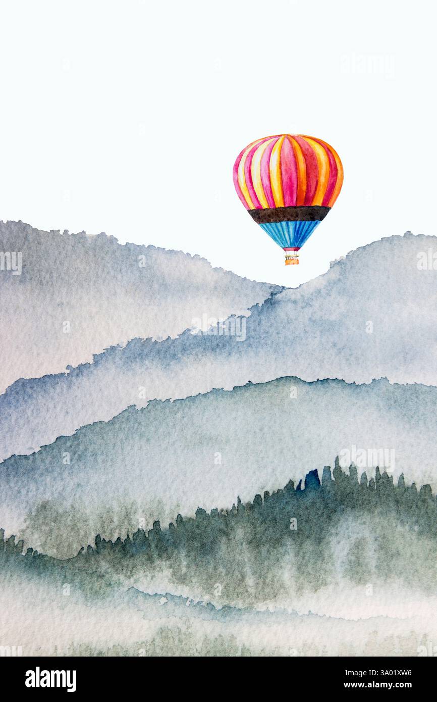 Watercolor mountain background drawn by brush. Colorful paints hot air ...
