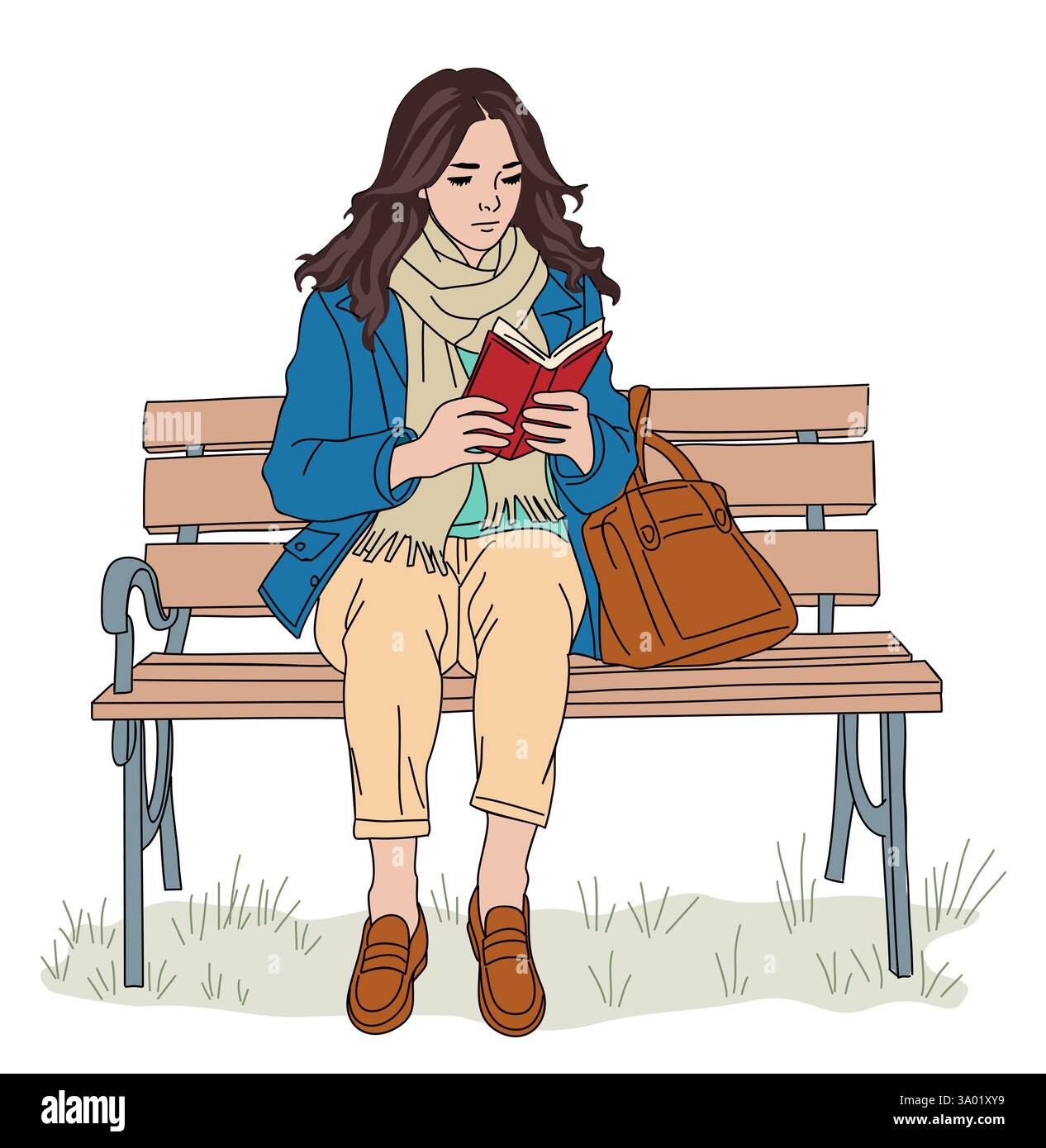 Young pretty woman sitting on bench and reading book Cut Out Stock ...