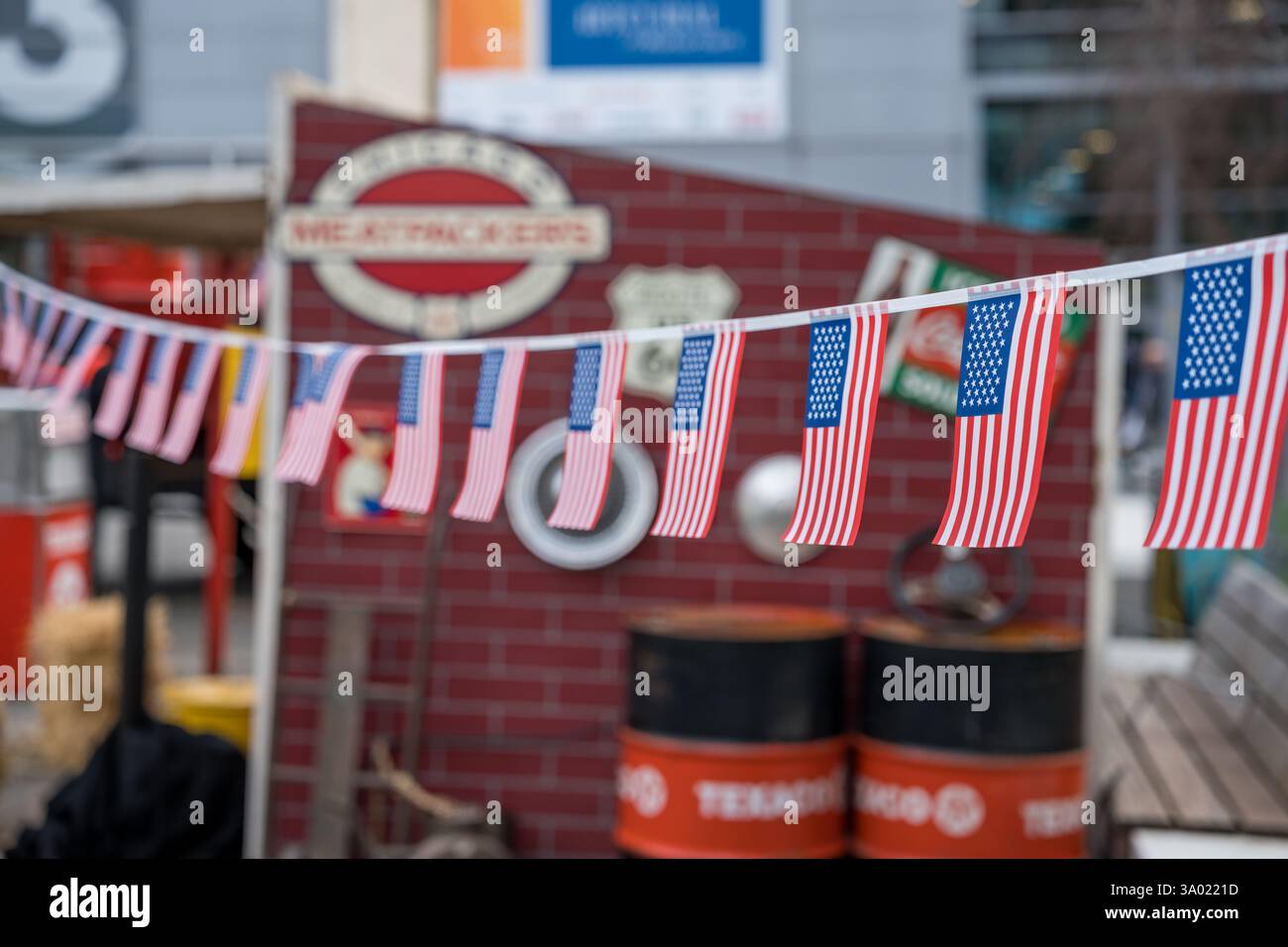 Vibrant string of American flags brightening up an outdoor celebration ...