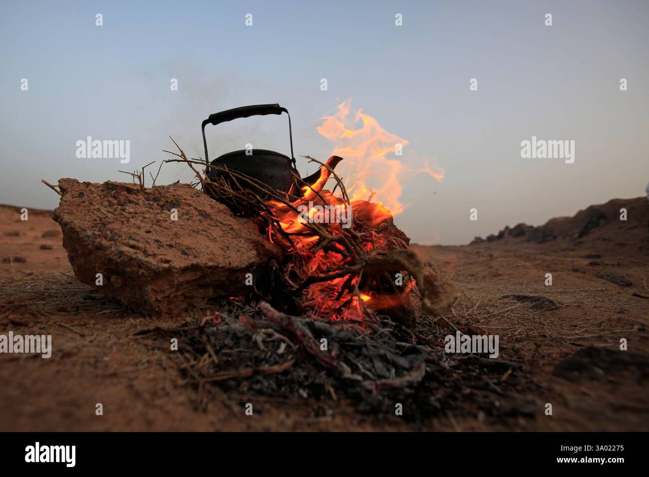 A tea kettle getting warm in bonfire in a Bedouin encampment. Jordan ...
