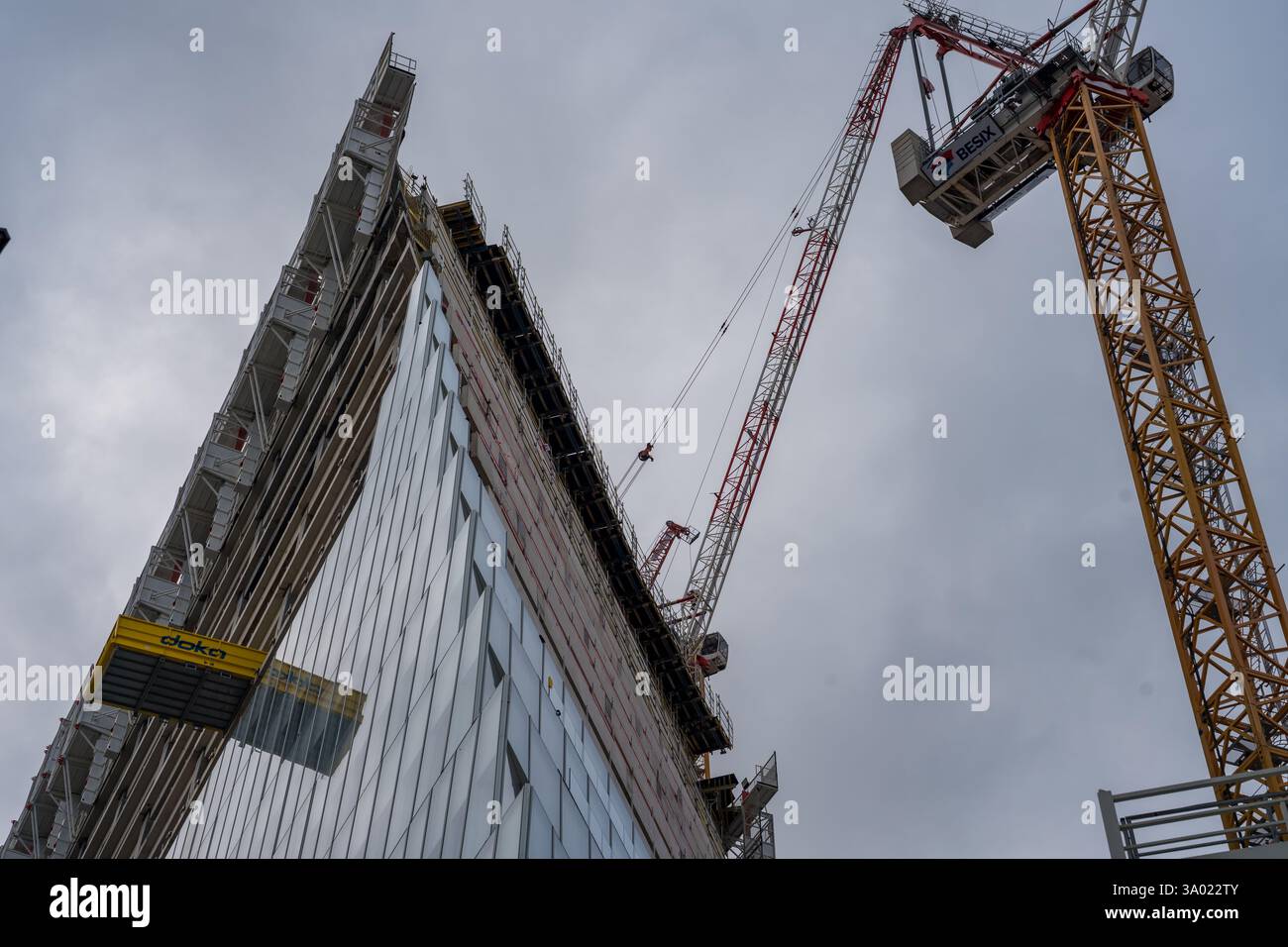 Construction workers expertly maneuver cranes to complete a towering ...