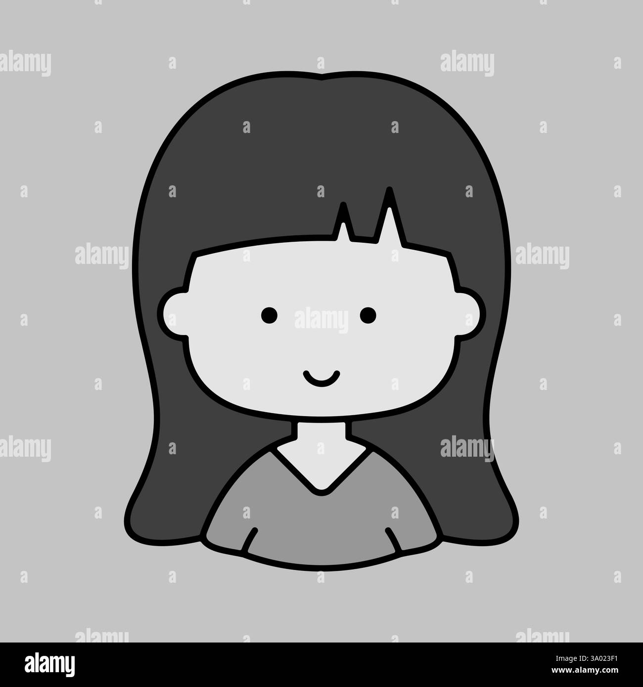 Woman girl with long straight hair vector grayscale icon. Hair down ...