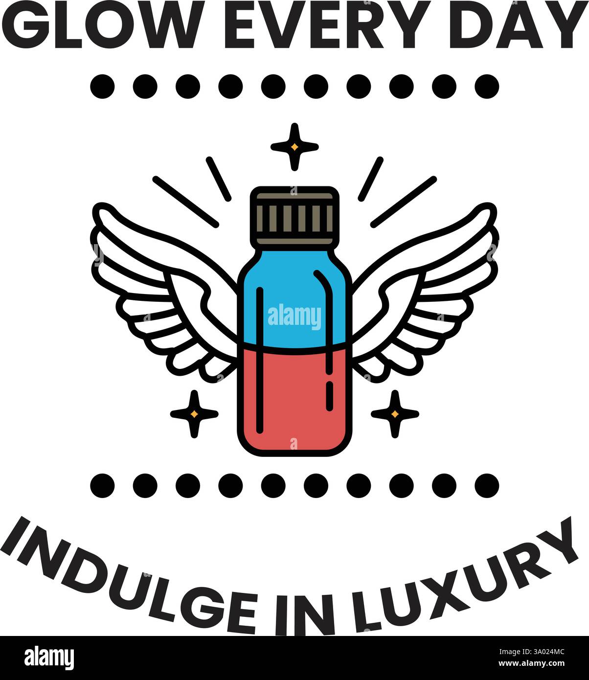 A bottle with a blue and red cap with wings on it. The words glow every ...