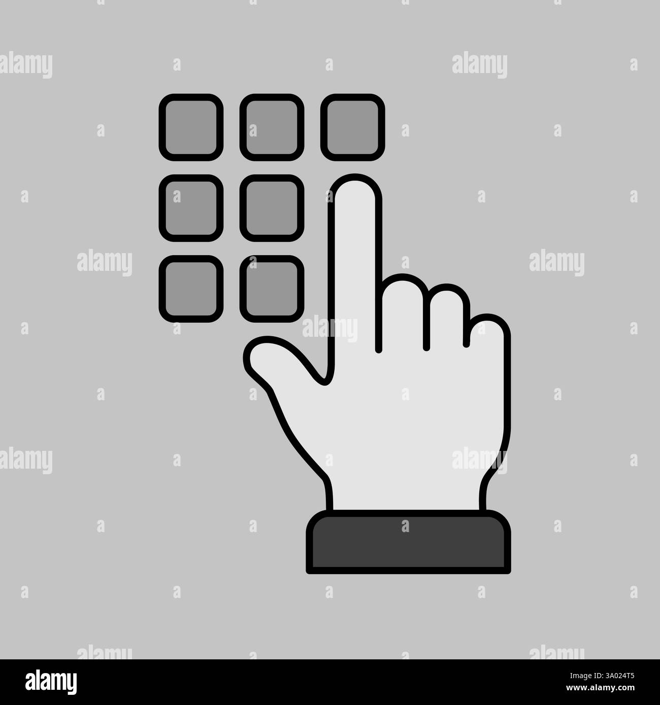 Hand finger entering pin code grayscale icon. Unlock and password symbol. Security sign. Graph ...
