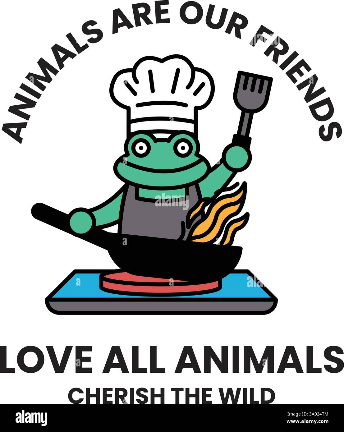 A frog chef cooking food in a pan with the words "Animals are our ...