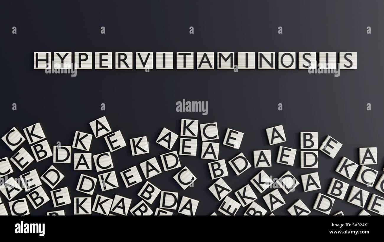 A 3d rendering of a word "HYPERVITAMINOSIS" using Scrabble tiles ...