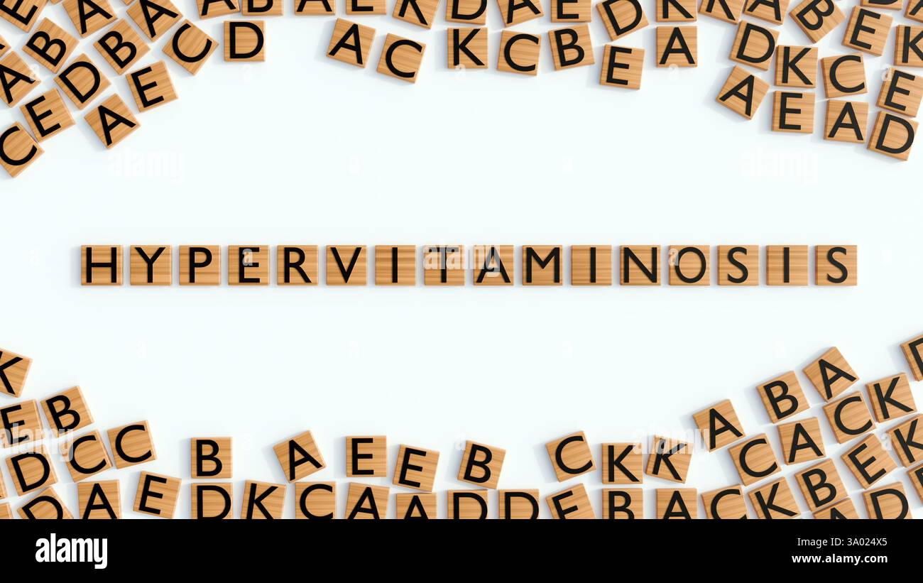 A 3d rendering of a word "HYPERVITAMINOSIS" using Scrabble tiles ...