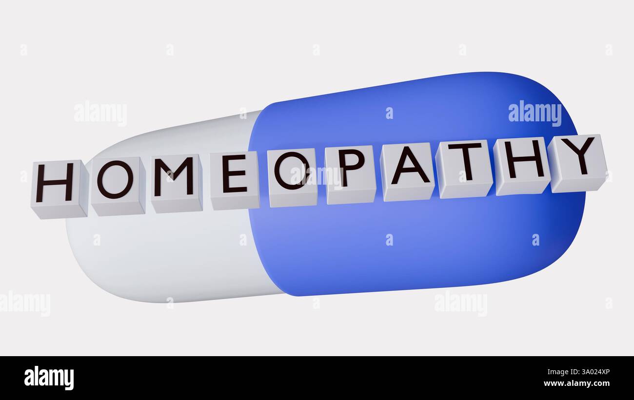 A 3D rendered of the word "HOMEOPATHY," constructed from individual ...