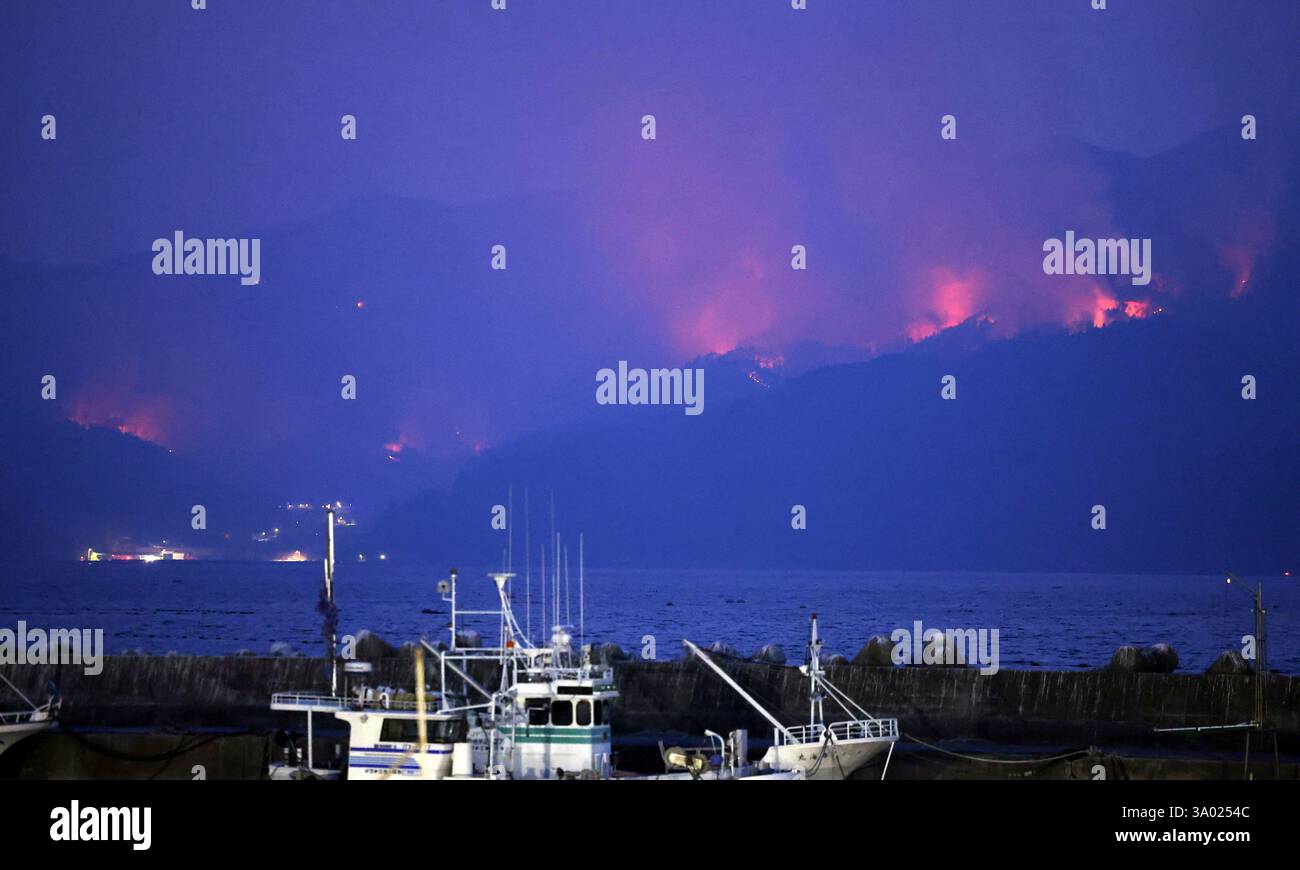 A forest fire is spreading in Ofunato City, Iwate Prefecture, northern ...