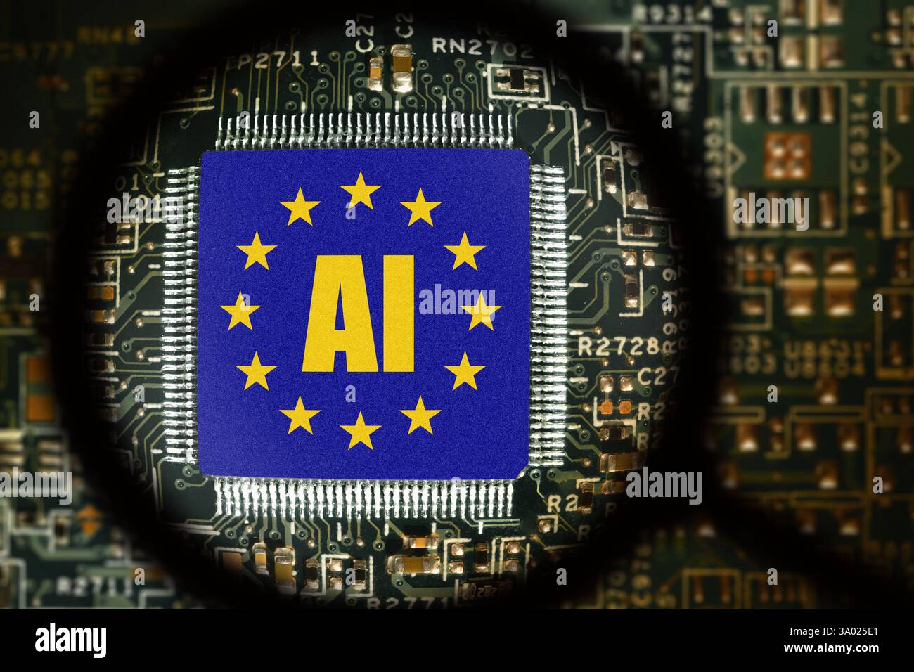 Flag of EU on a processor with word AI. Computer board with chip. View ...
