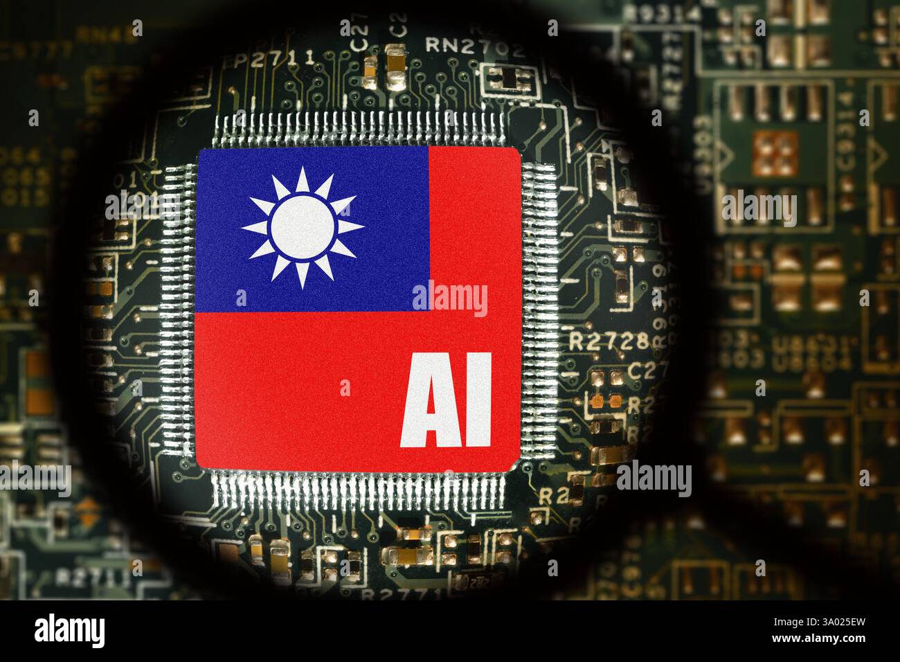 Flag of Taiwan on a processor with word AI. Computer board with chip ...