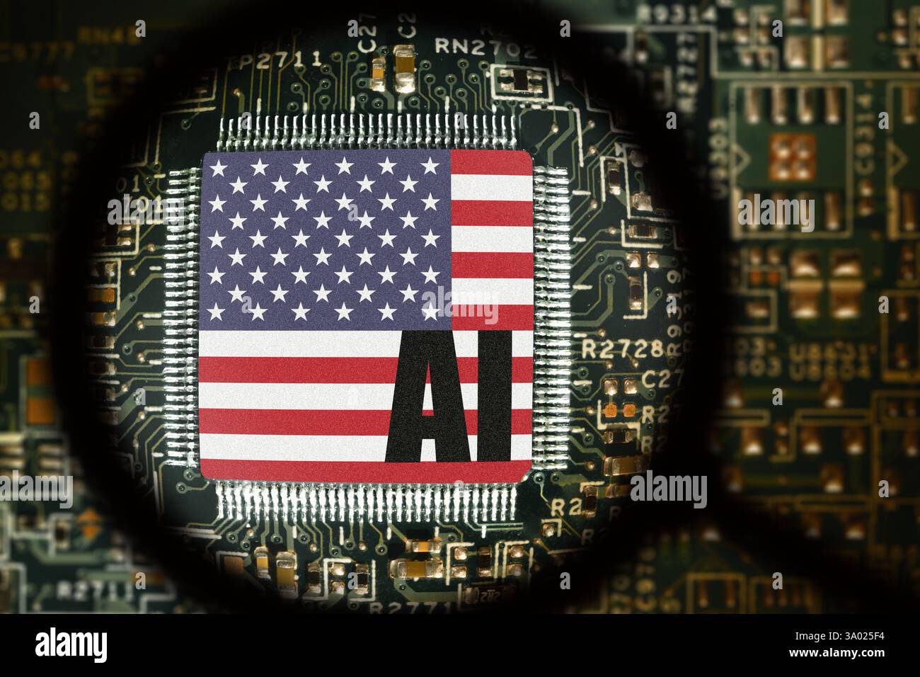 Flag of USA on a processor with word AI. Computer board with chip. View ...