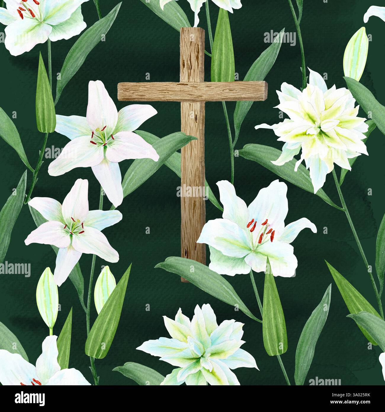 Wooden cross with crown of thorns and white lily watercolor composition on black background ...