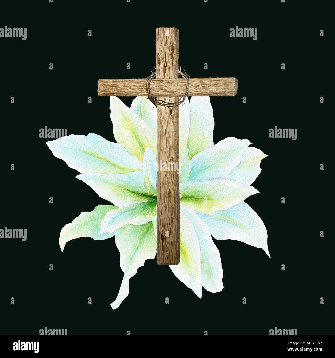 Wooden cross with crown of thorns and white lily watercolor composition isolated on black ...