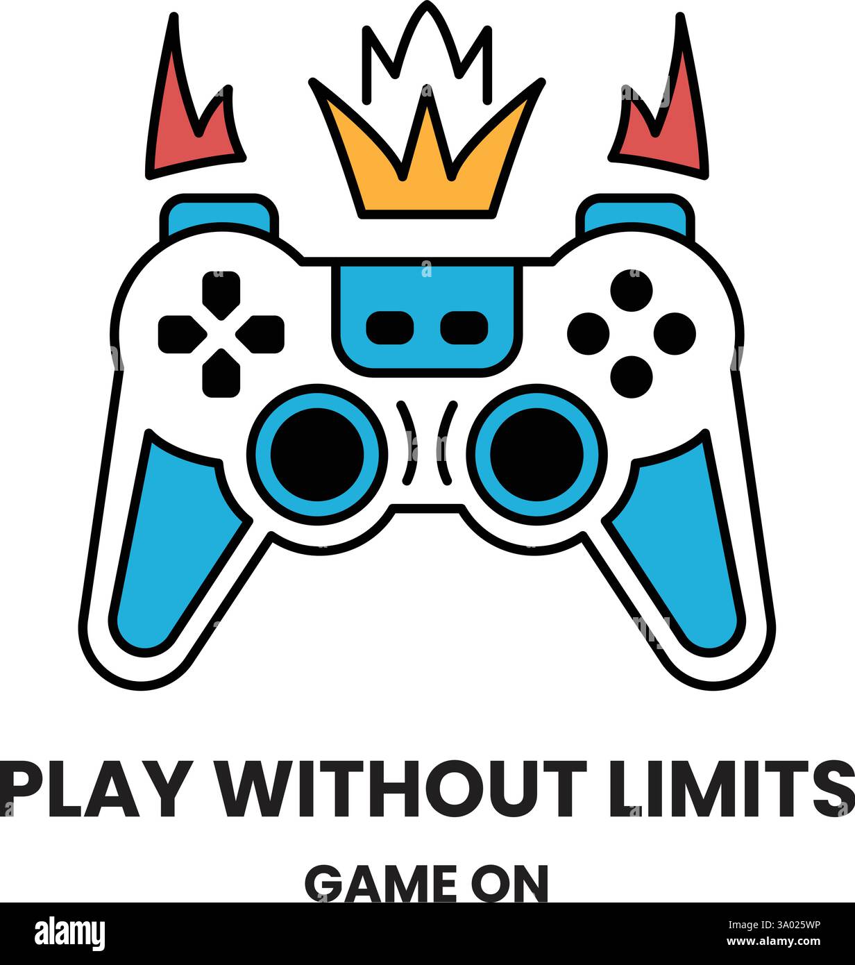 A game controller with a fire symbol on it. The controller is blue and white. The words "play ...