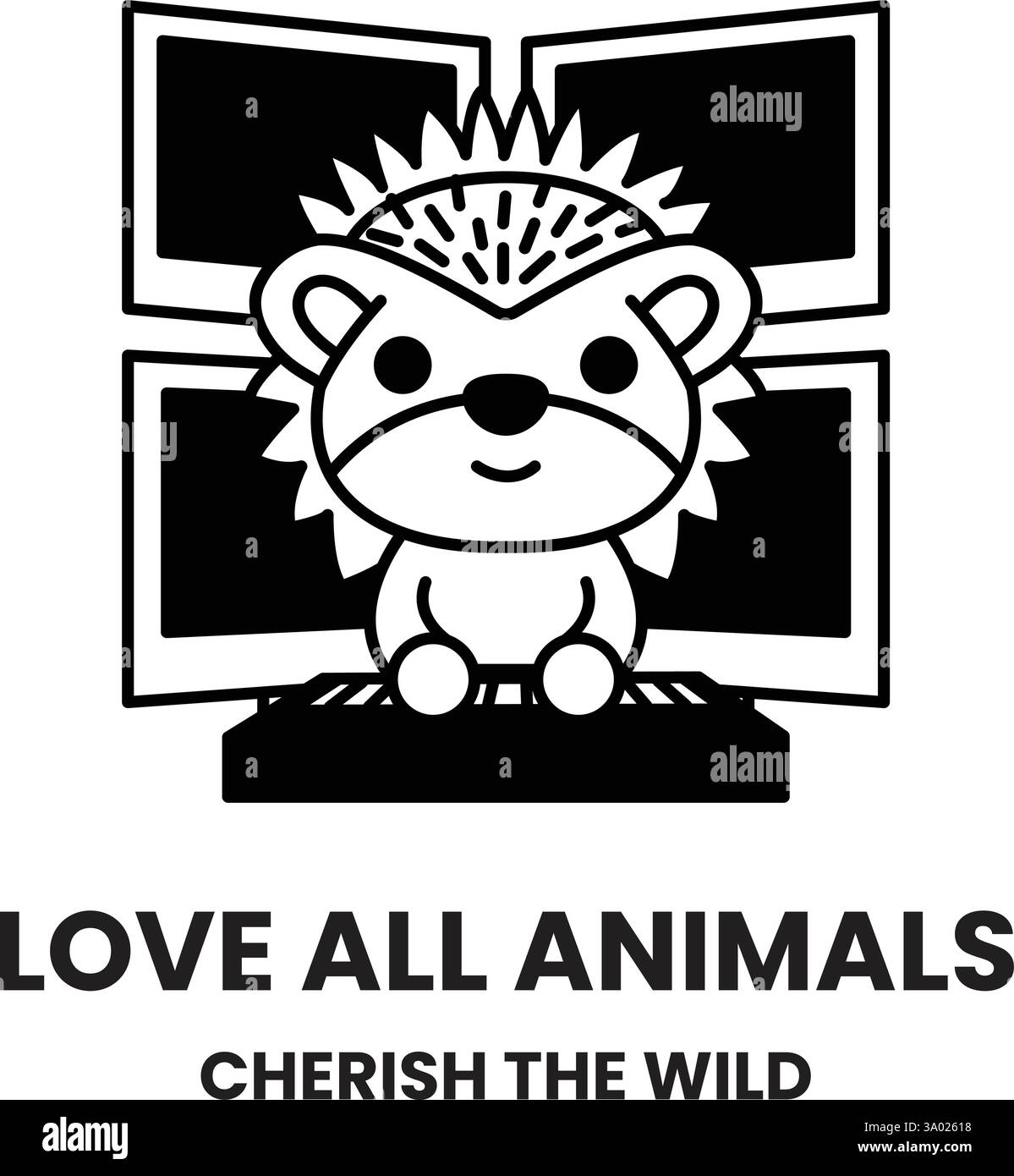 A black and white image of a hedgehog sitting in front of a computer ...