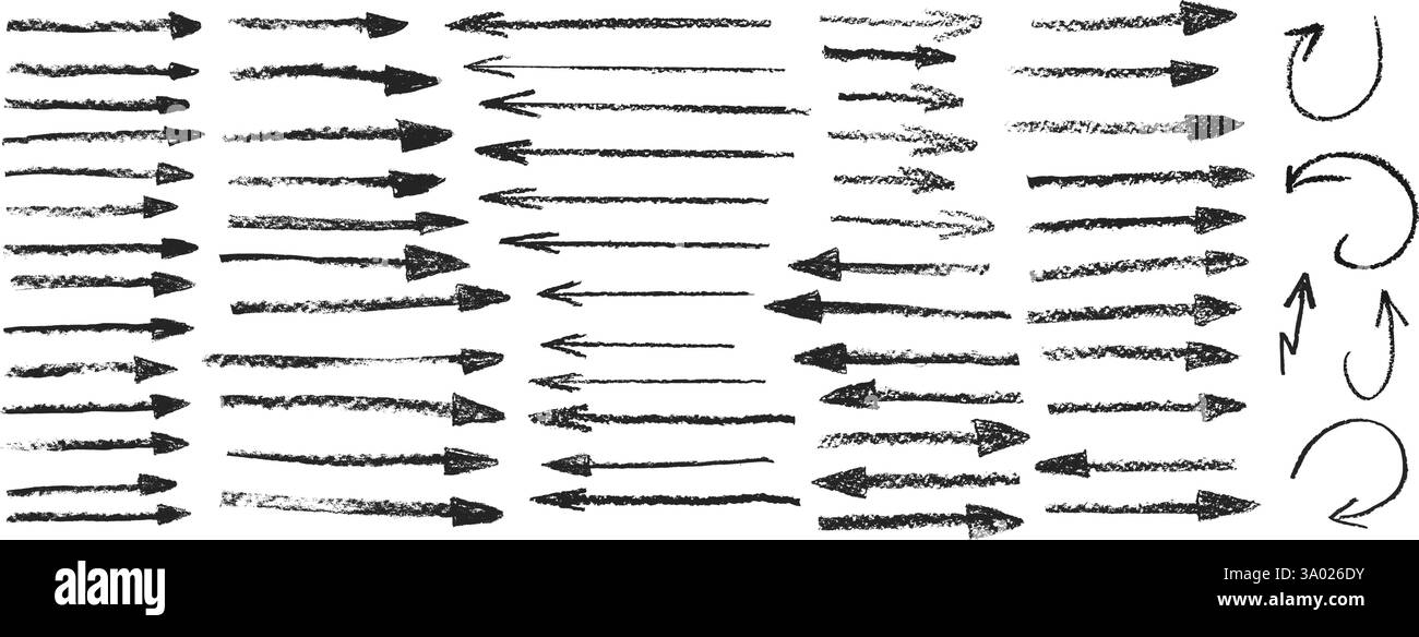 Arrows charcoal drawn. Straight and swirl thin pointers doodle elements ...