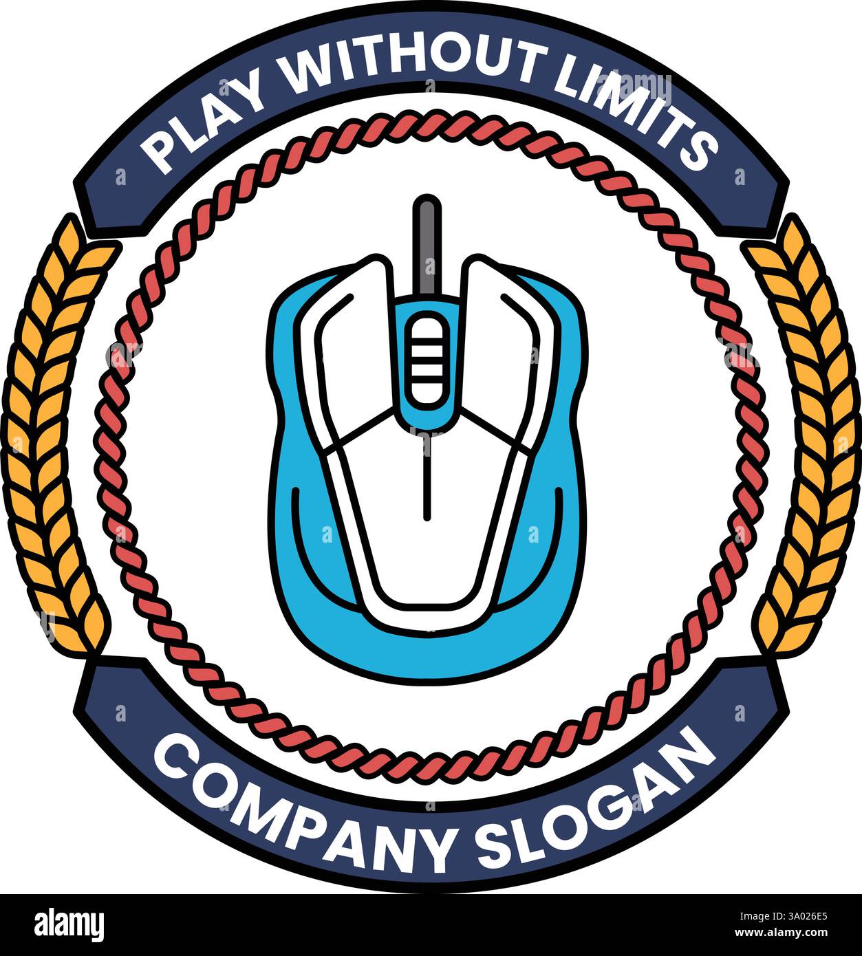 A blue and white mouse with a red and yellow rope around it. The circle ...