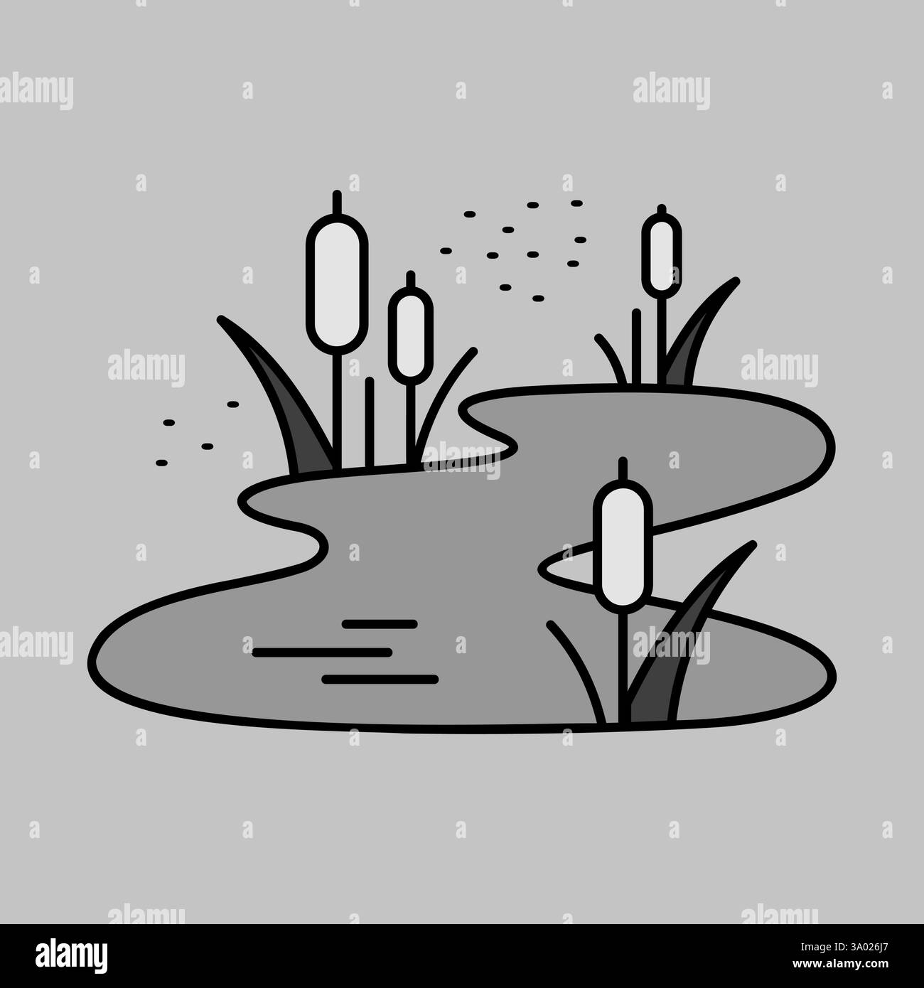 Pond with reed and mosquitoes, swamp vector grayscale icon. Nature sign ...