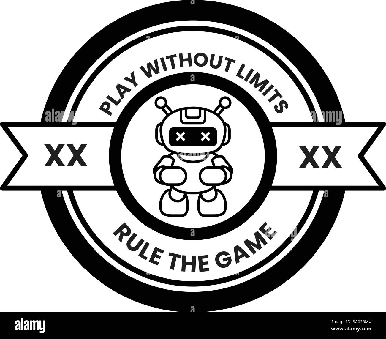 A black and white logo of a robot with the words play without limits rule the game. The robot is ...