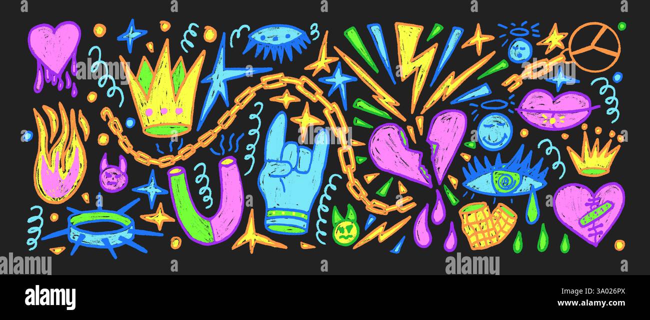 Rock neon paint set. Punk breaking heart drama doodle background ...