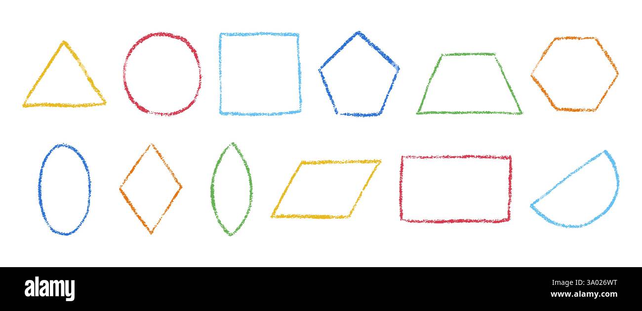 Hand drawn geometric shapes with crayon brush texture. Colored pencil ...