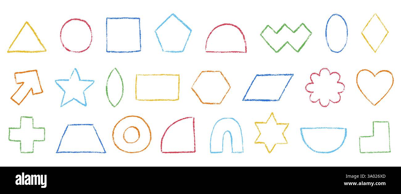 Set of color pencil kids geometric shapes with charcoal texture. Crayon ...