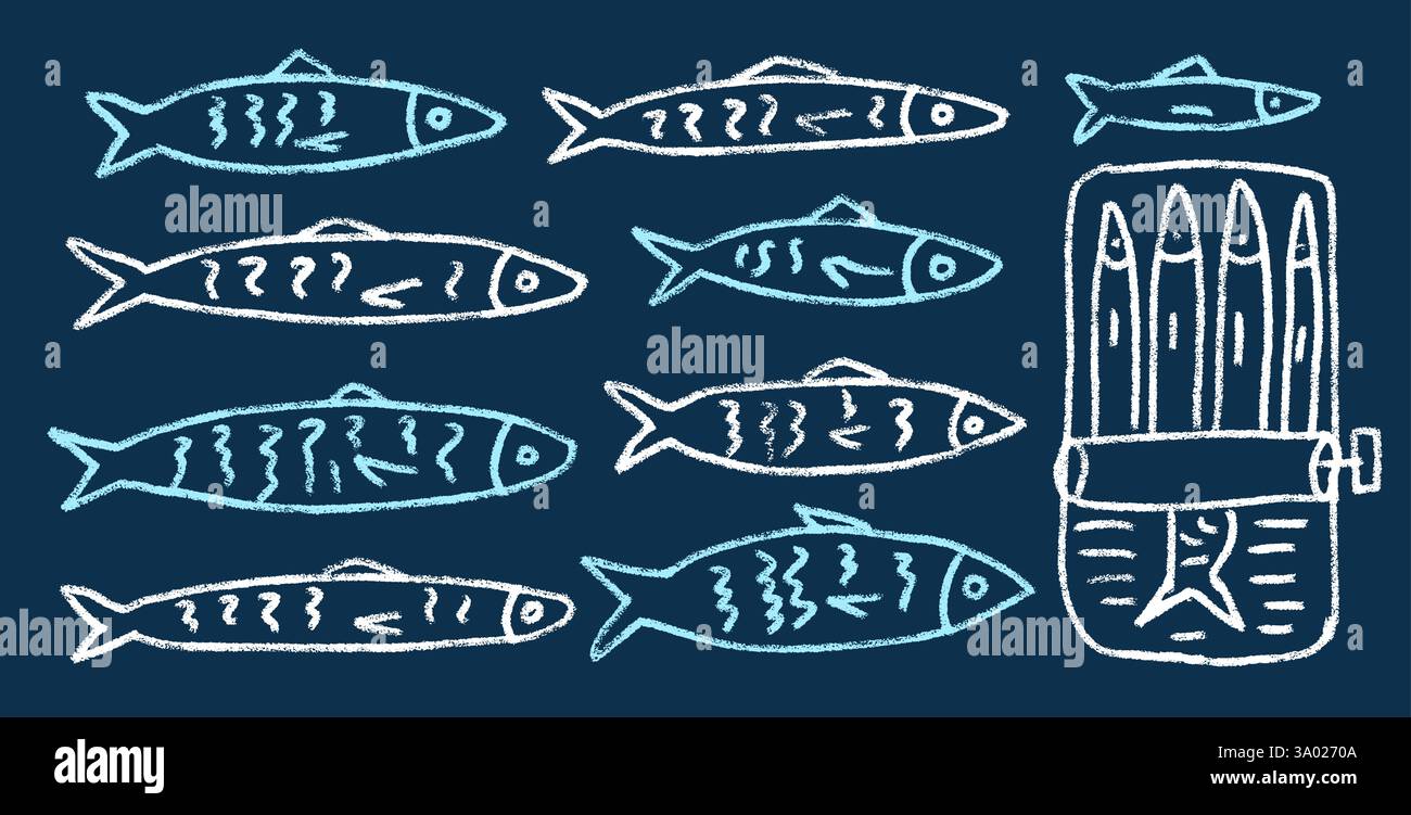 Sardines line doodle set. Canned fish hand drawn scribble. tinned ...
