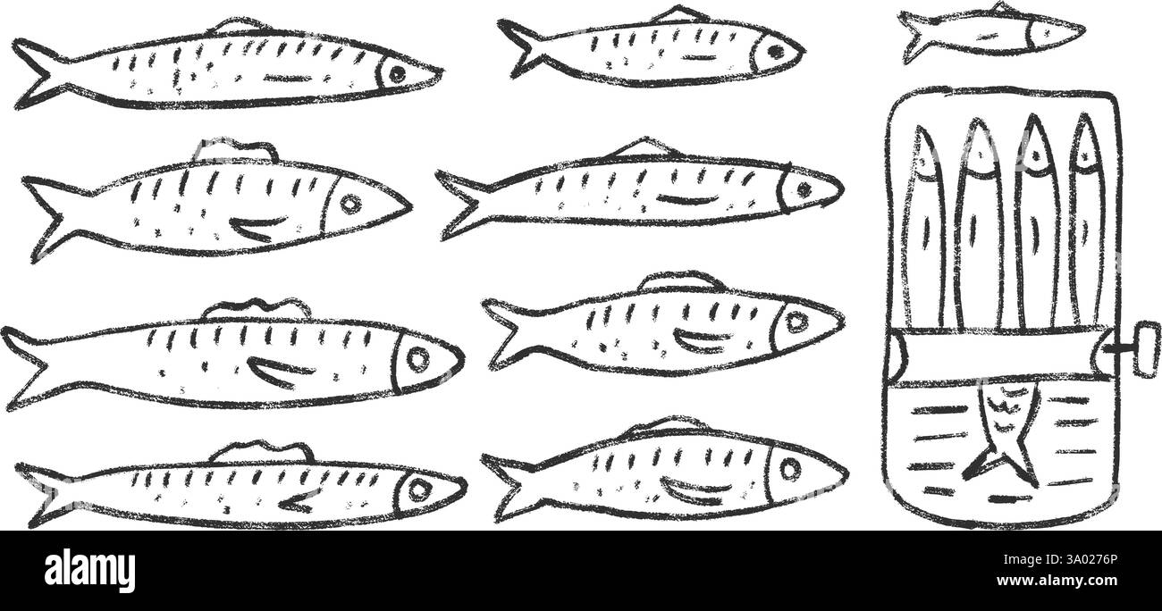 Sardines line doodle set. Canned fish hand drawn scribble. tinned ...