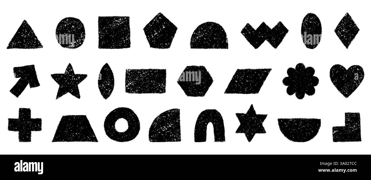 Charcoal texture figure set. Geometric shapes hand drawn with crayon ...