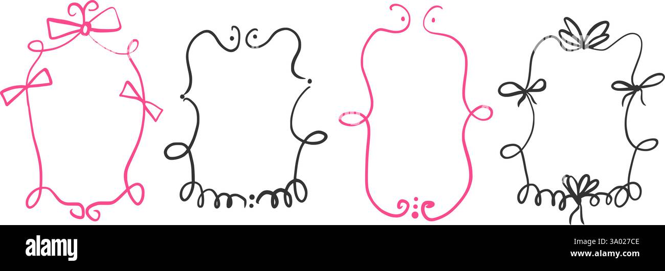 Doodle coquette frames with bows. Vintage line wavy border with ribbons ...