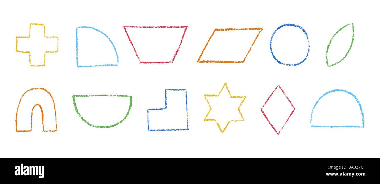 Colored pencil outline figures. Set of hand drawn crayon abstract ...