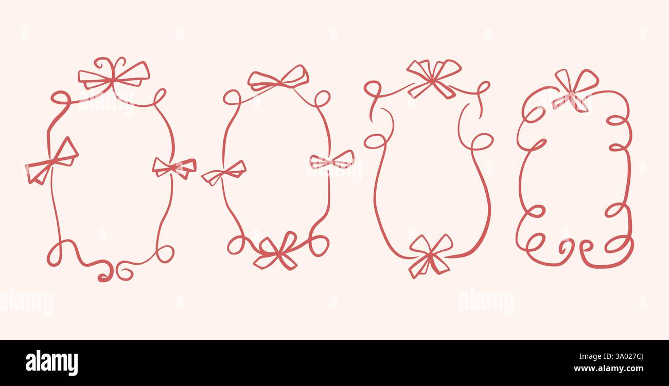 Doodle coquette frames with bows. Vintage line wavy border with ribbons ...