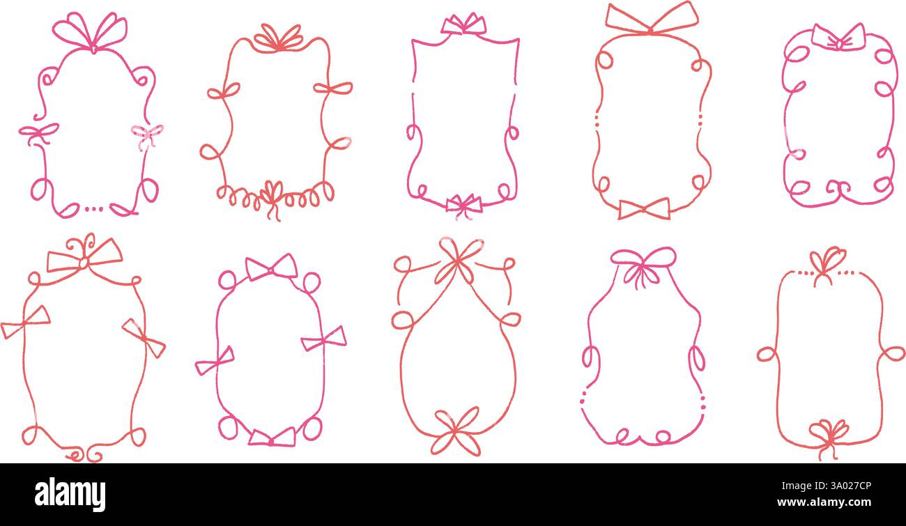 Doodle coquette frames with bows crayon drawing. Vintage line wavy ...