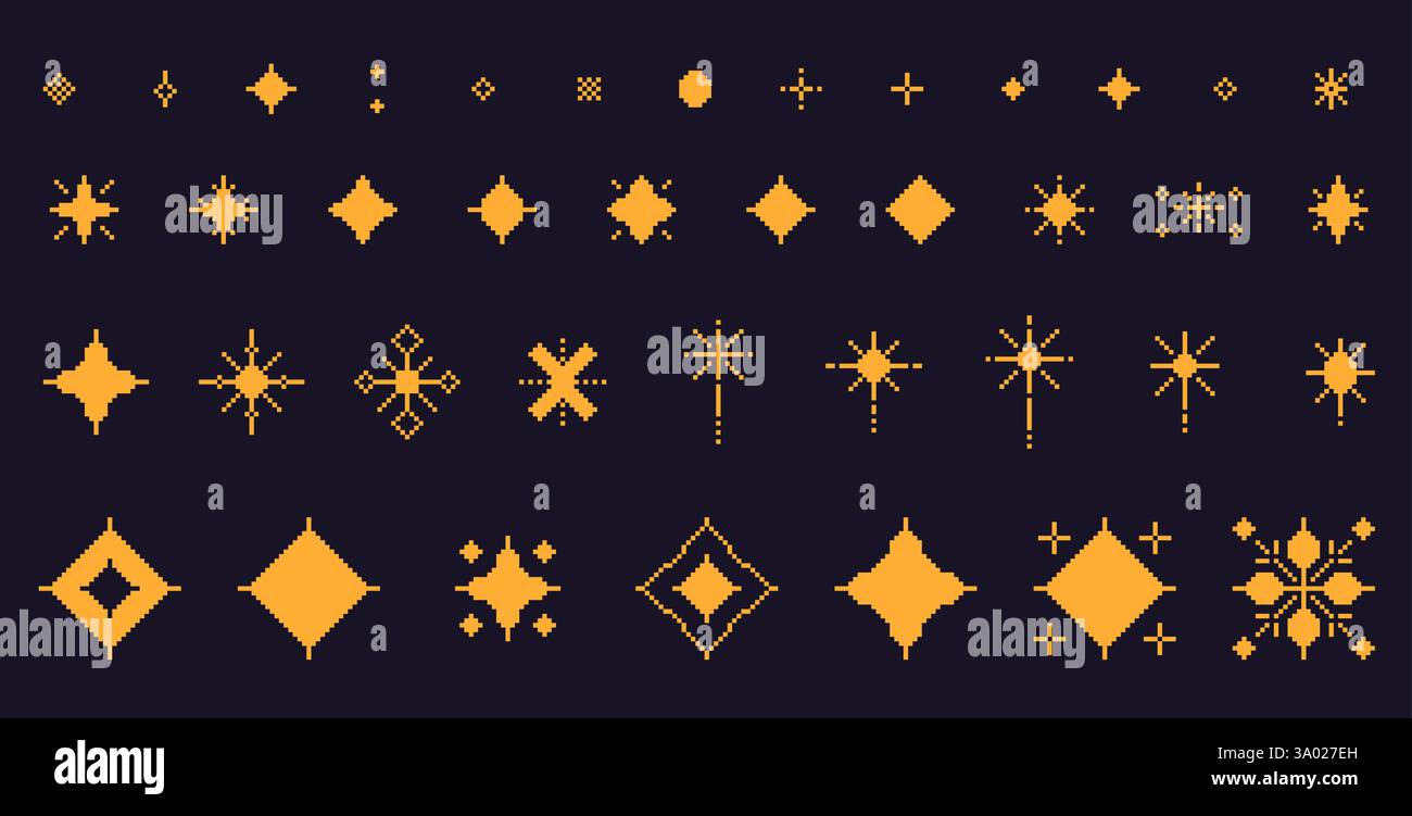 Pixel art stars. 8 bit sparkles set. Magic firework icons in retro 90s style. shine glitter ...