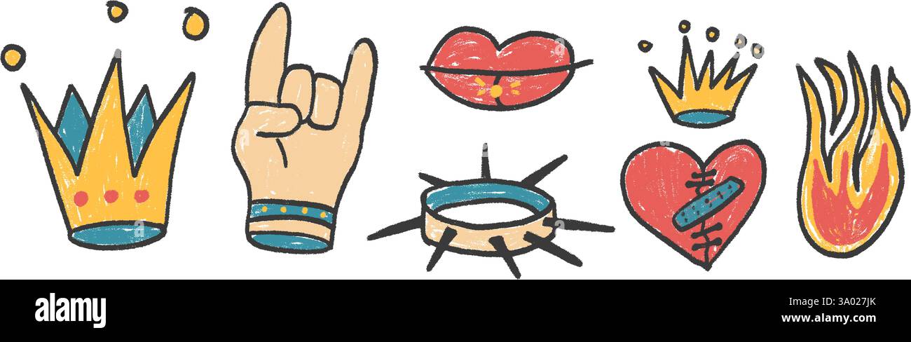 Rock crayon drawn set. Punk breaking heart doodle background. Scribble grunge elements. Heart ...