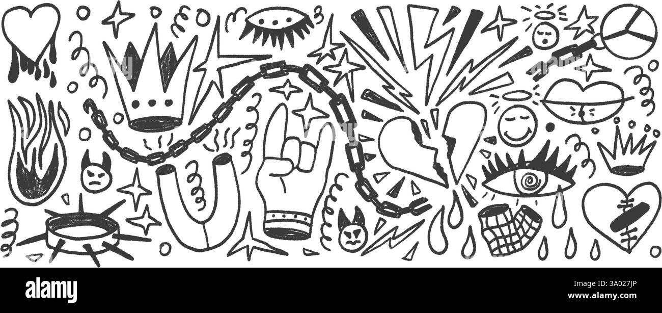 Rock charcoal drawn set. Punk coquette breaking heart doodle background ...