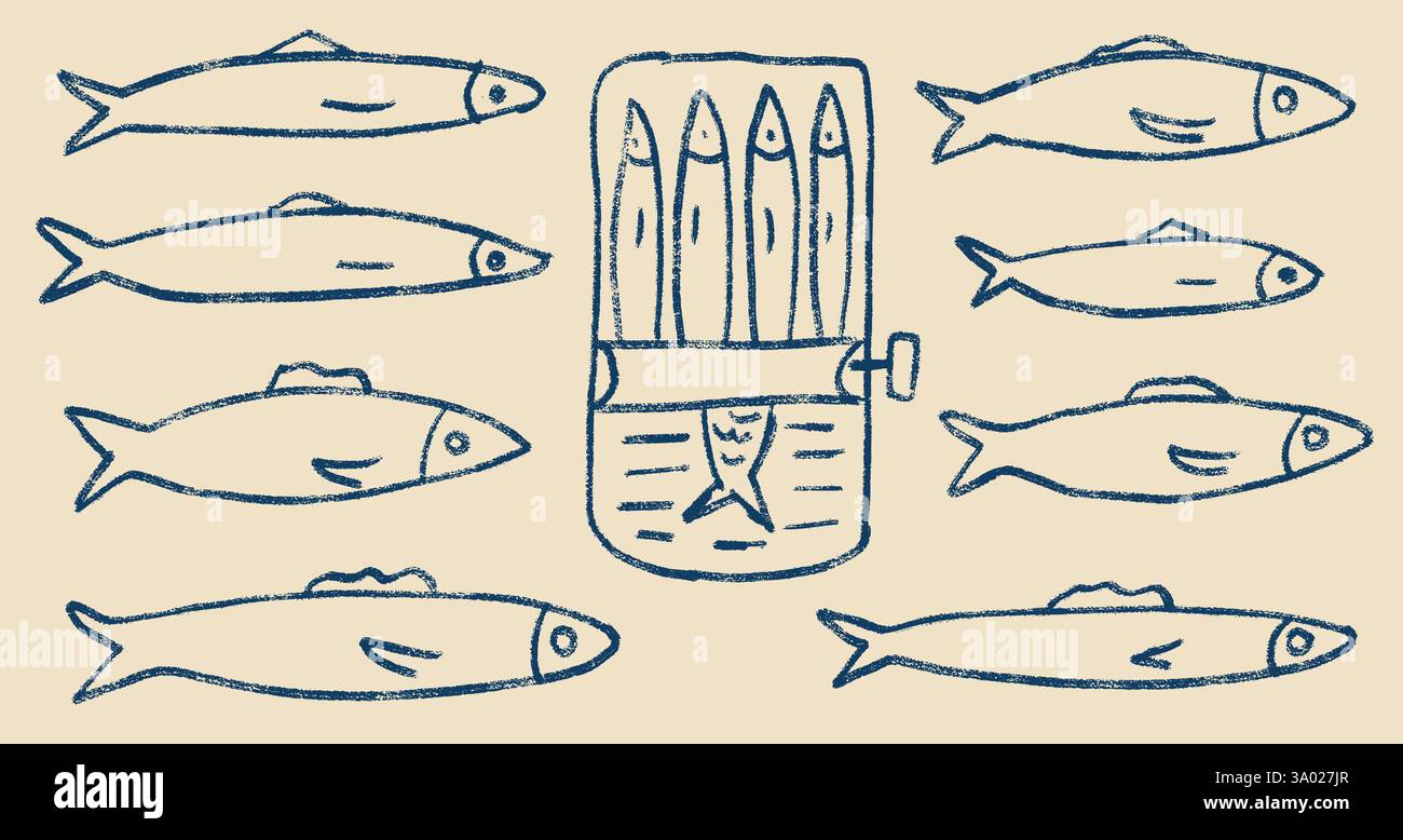 Sardines line doodle set. Canned fish hand drawn scribble. tinned ...
