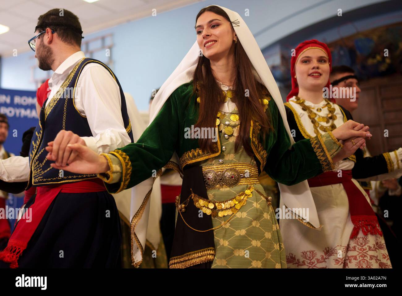 Members of a Romanian ethnic Greek group dance during a show at the ...